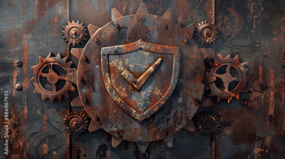 Rust programming language concept, featuring a rusty shield with a checkmark and cogwheels ...