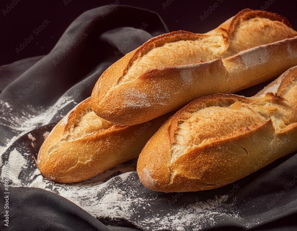 Panes franceses, cocidos con harina sobre y fondo con telas negras y ...