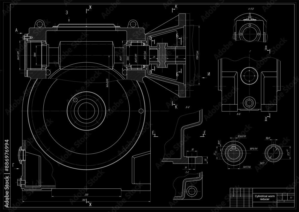 Vector assembly drawing of cylindrical worm reducer. Steel mechanical ...