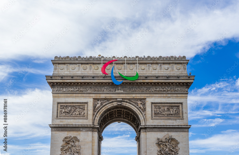 Arc de Triomphe Monument, Paris, France, in Olympic 2024 vibe. Historic ...