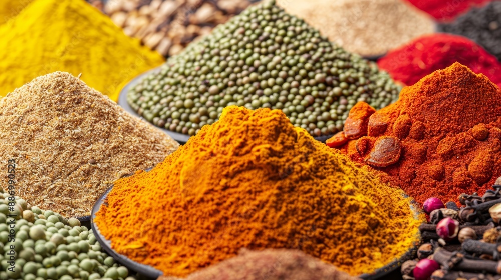Hyper-detailed image of a spice market display, vibrant powders ...