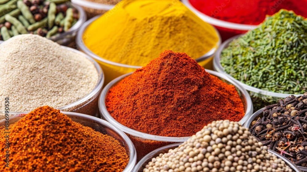 Hyper-detailed image of a spice market display, vibrant powders ...