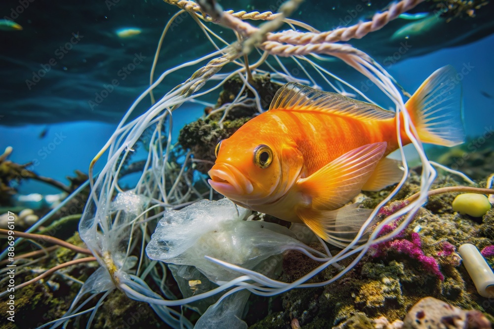 Orange fish entangled in plastic waste underwater, underwater pollution ...