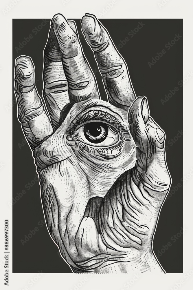 An illustration depicting a propaganda poster with a hand with one eye ...
