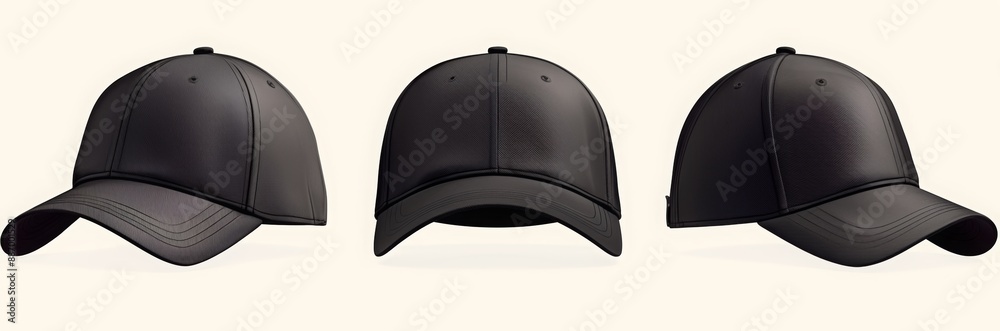 Set of black front and side view hat baseball cap on transparent ...