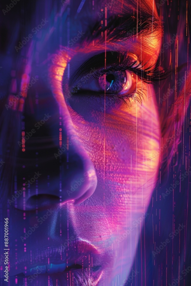 A woman's face is shown in a distorted, pixelated way. The image is a ...