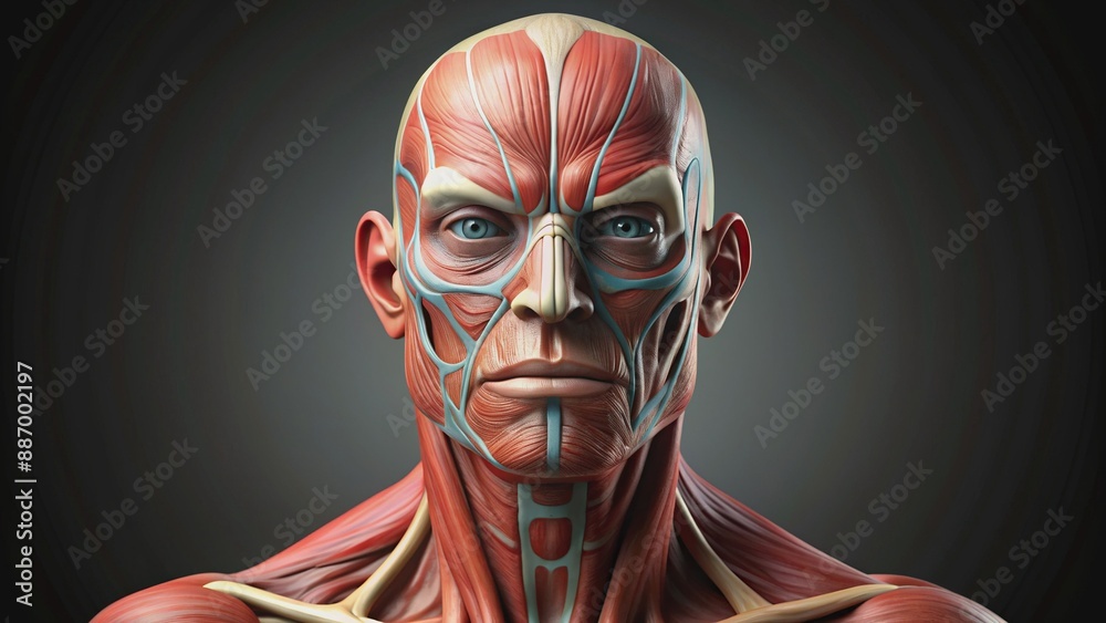 ภาพประกอบสต็อก Facial muscular system anatomy front view, facial ...