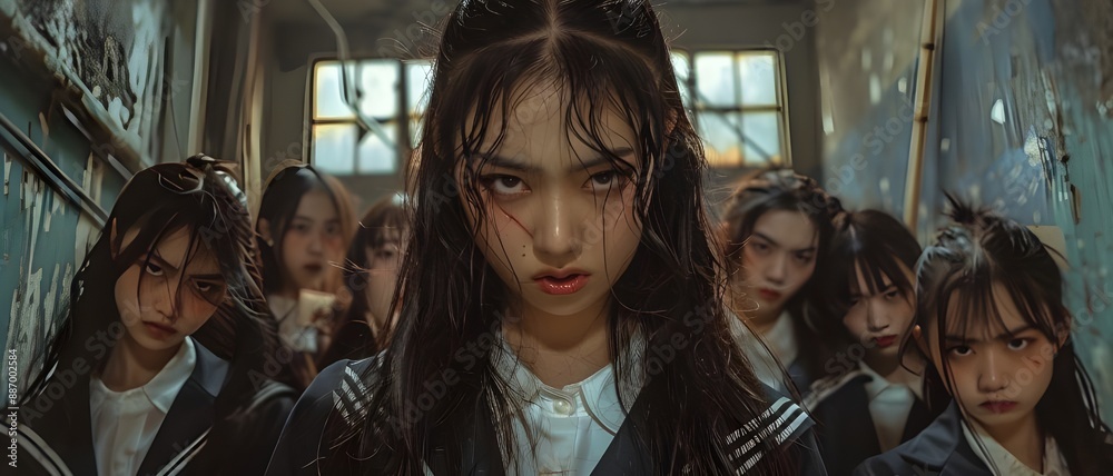 Gangster girls wearing bad school uniforms looking menacingly with ...