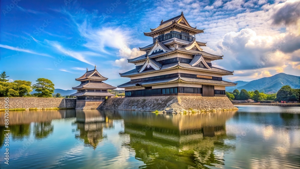 Iconic Japanese castle surrounded by water moat in Matsumoto Japan ...