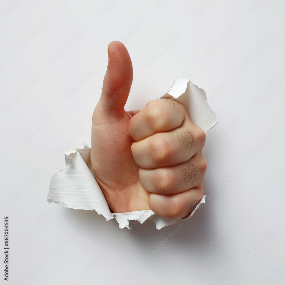 Hand giving thumbs up through torn paper. Close-up of a hand giving a ...