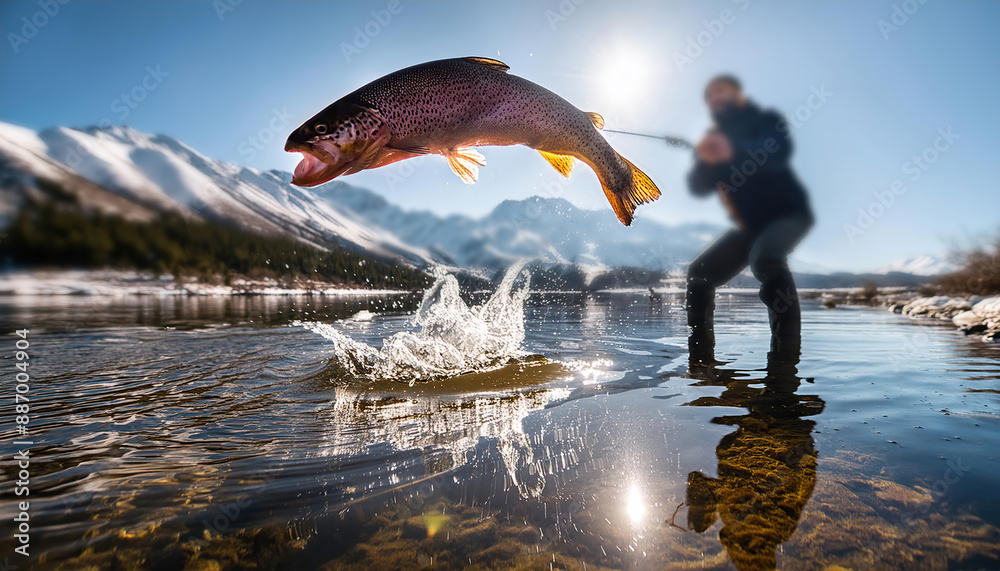 Fishing. A fish caught on a hook and jumping out of the water with its ...