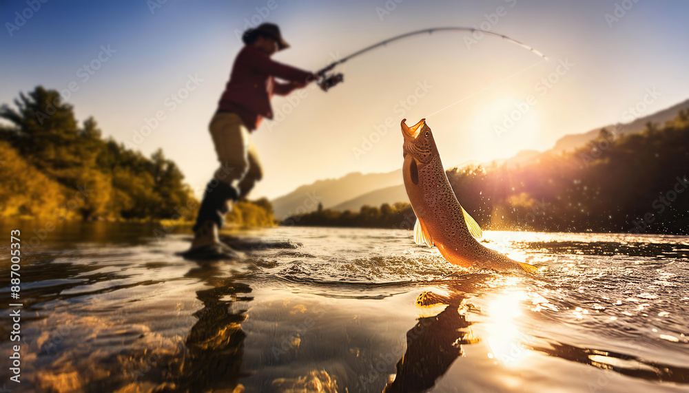 Fishing. A fish caught on a hook and jumping out of the water with its ...
