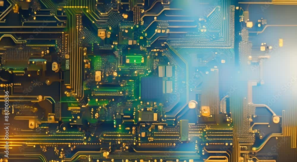Detailed view of circuits and nodes on a computer motherboard creating ...
