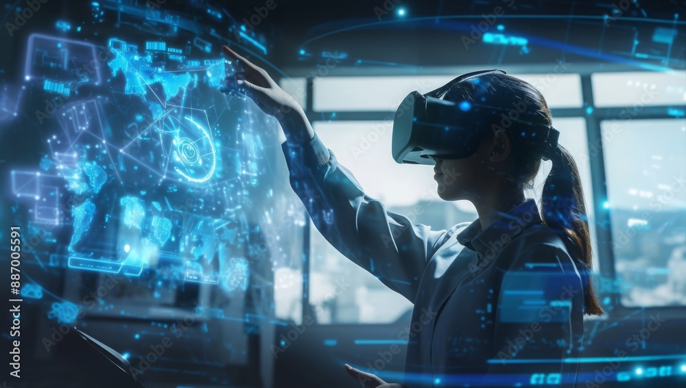 School student with VR headset using AI artificial intelligence ...