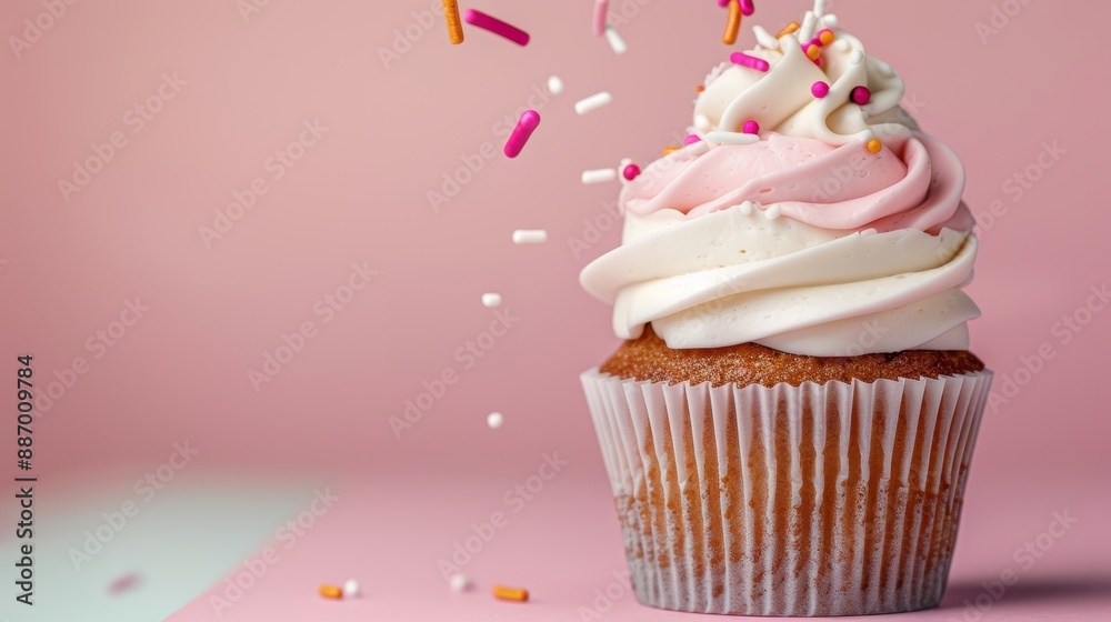 Tack-sharp photo of a perfectly decorated cupcake, sprinkles mid-fall ...