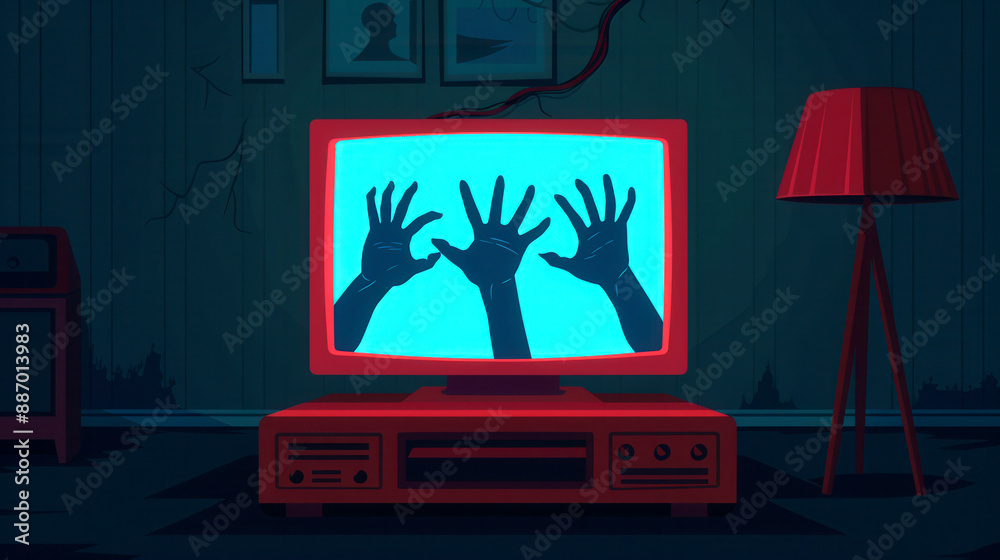 Illustration of hands coming out of an old TV screen in a dark room ...