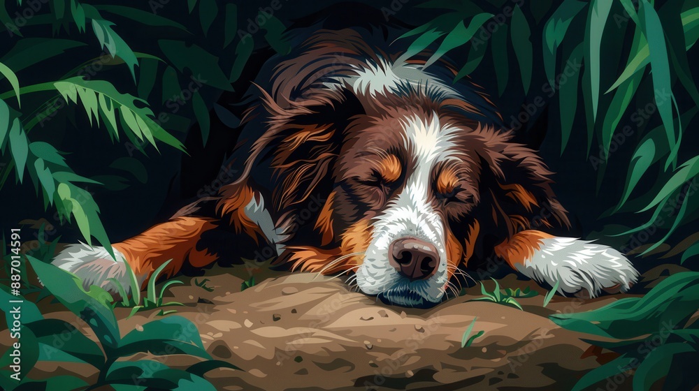 Sleeping dog nestled in a lush, green forest setting, conveying ...