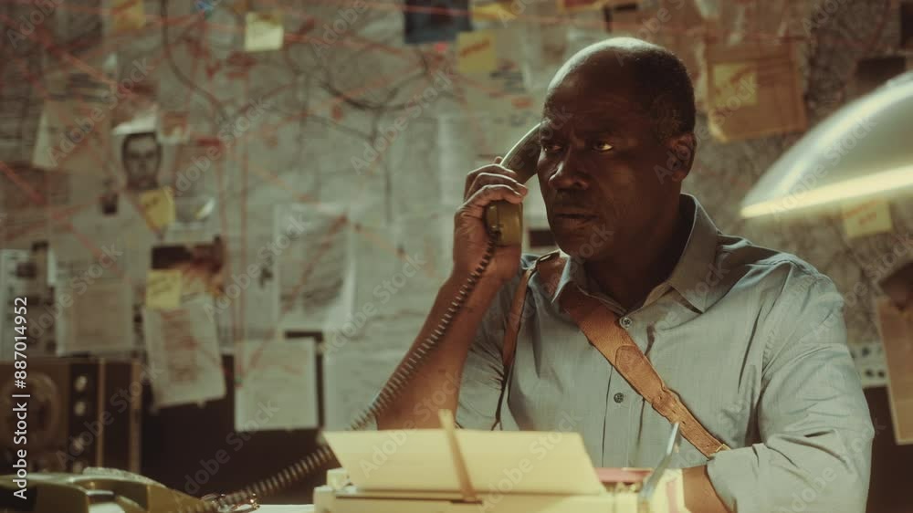 Senior Black detective picking up telephone and talking at desk with ...