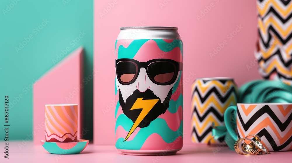 A bold and colorful packaging design for a can of energy drink. The ...
