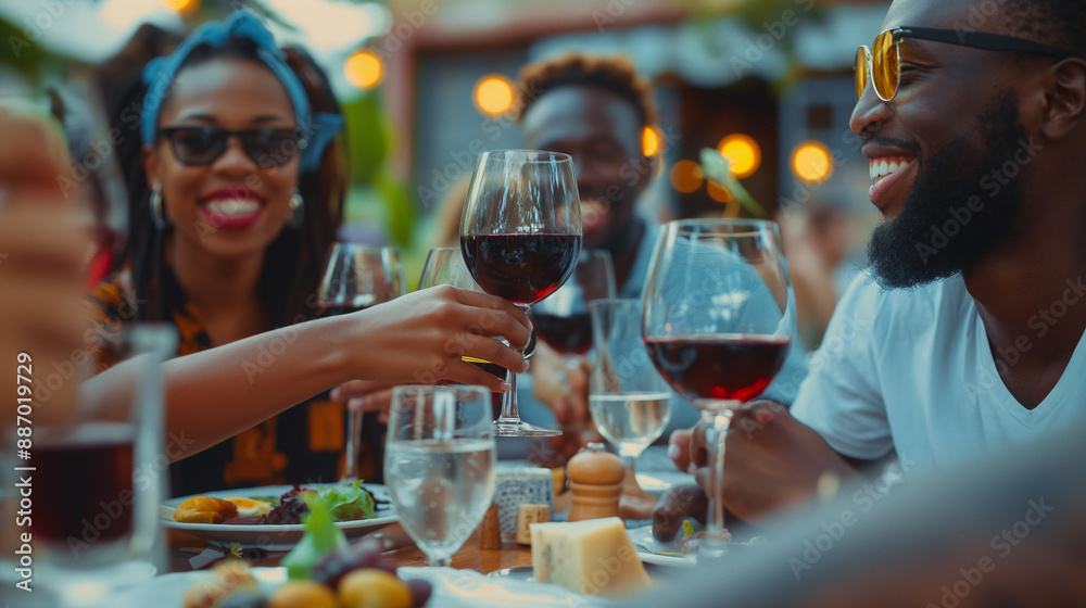 Happy friends drinking red wine sitting at an outdoor restaurant table ...