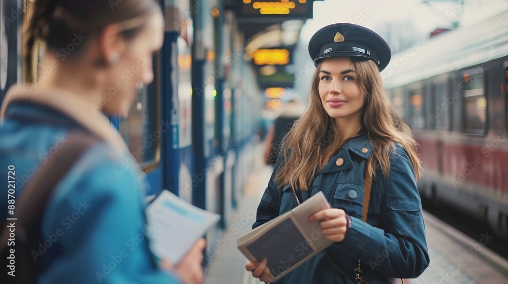 A female ticket inspector in a modern uniform interacts with a ...