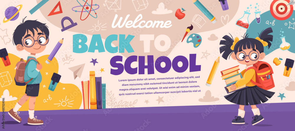 Back to school vector banner design with cute children and education ...