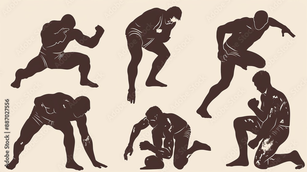 Series of illustrations showing various wrestling poses depicted as ...