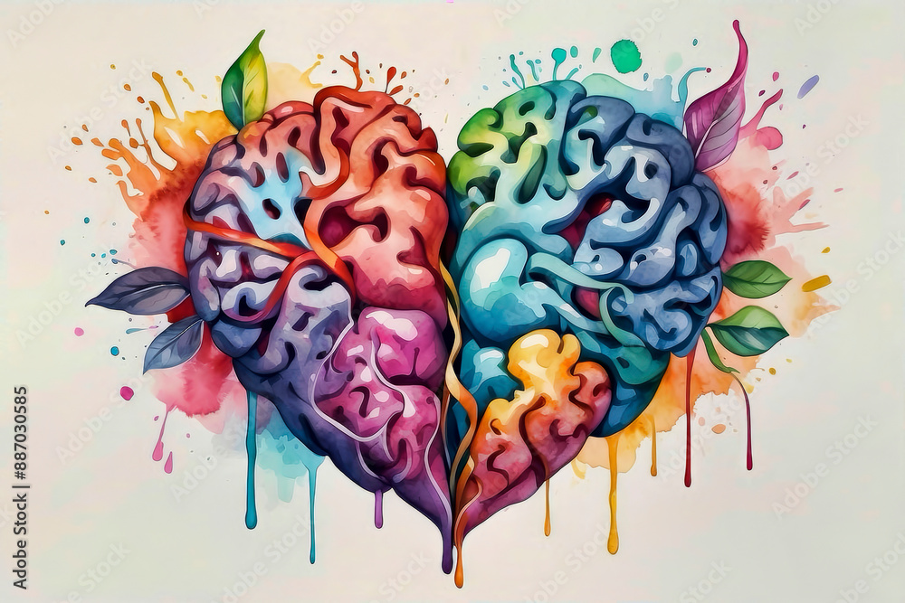Colorful human heart and brain connected, balance between emotional and ...