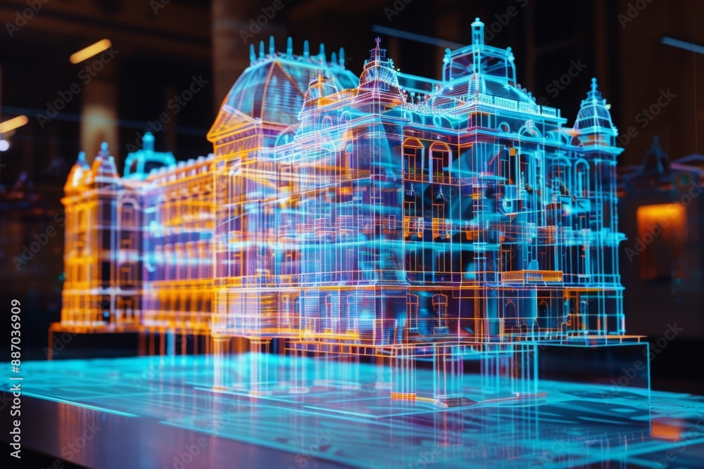 Advanced hologram technology displaying a 3D architectural model, with ...