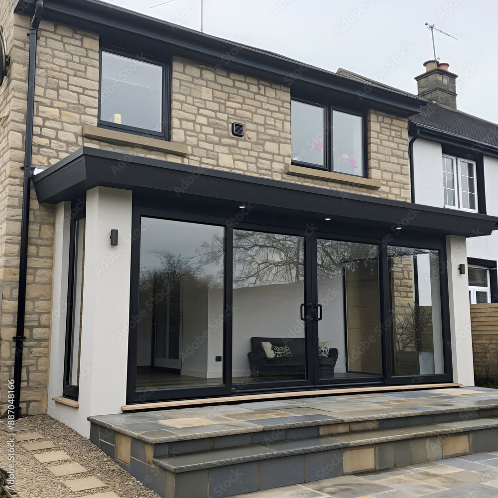 Glazed veranda with a flat roof on the external facade of an existing ...