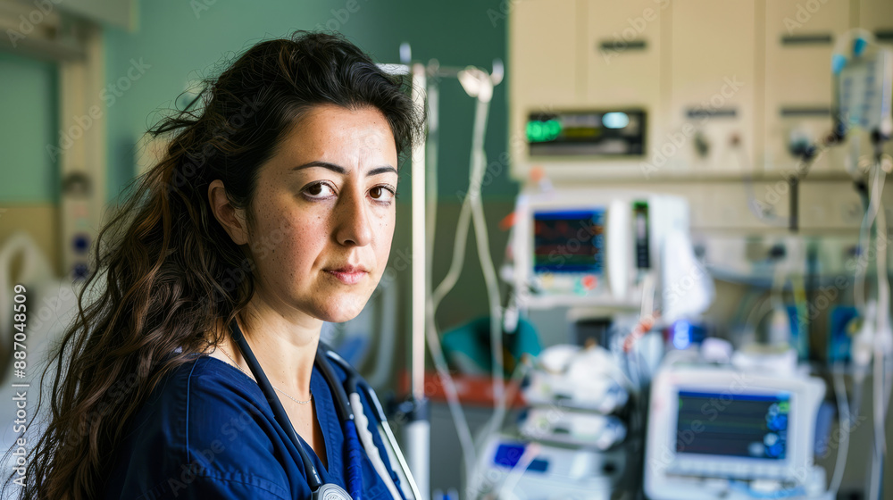 Confident female healthcare professional in a modern hospital ICU ...