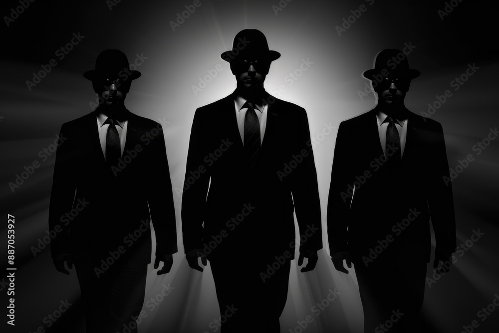 Three men in suits and hats walk in a single file line towards the ...