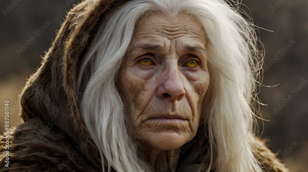 Old woman with the white mane of a lion and yellow eyes. Her right eye ...