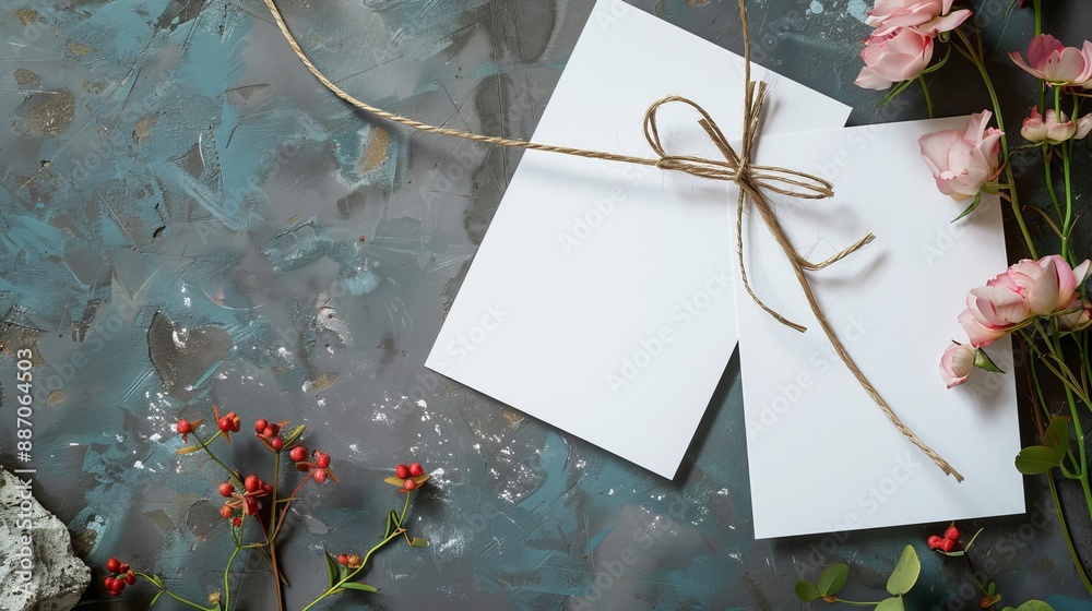 Two paper invitation cards displayed on a grey background with space ...