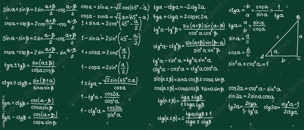 Mathematics formulas set. Hand drawn math trigonometry formulas. School ...