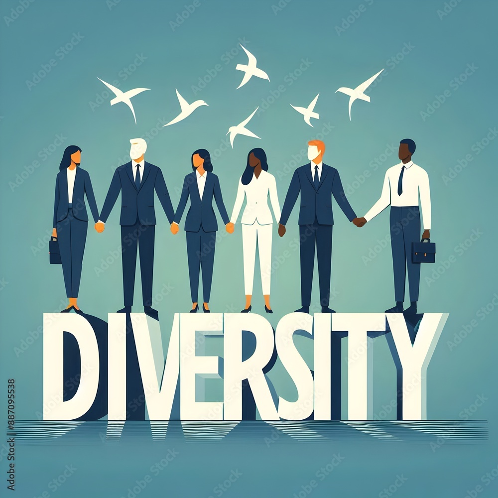 United Professionals, Minimalist Illustration of Diverse Team Holding ...