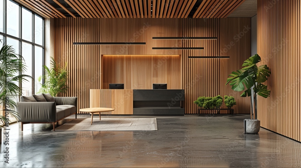 This image showcases a modern office lobby featuring wooden slatted ...
