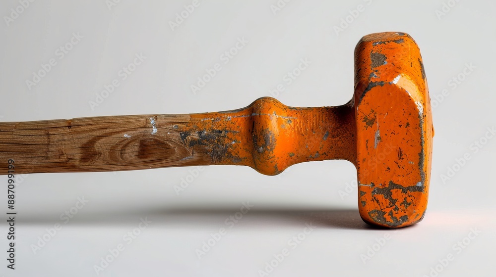 The image shows an aged orange hammer with noticeable markings and a ...