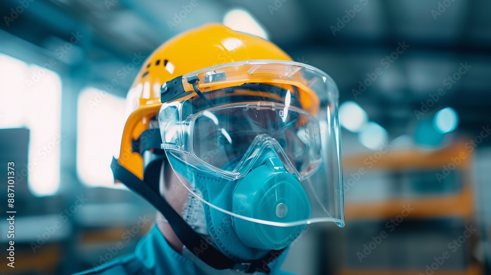 An industrial worker with a protective breathing mask, yellow hard hat ...