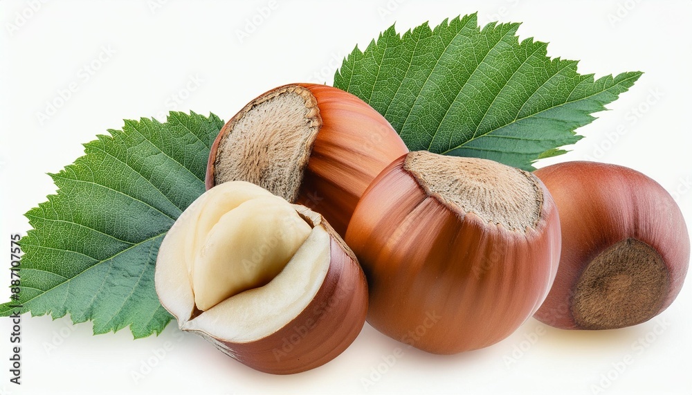 filbert nuts hazelnut with green leaf in png isolated on transparent ...