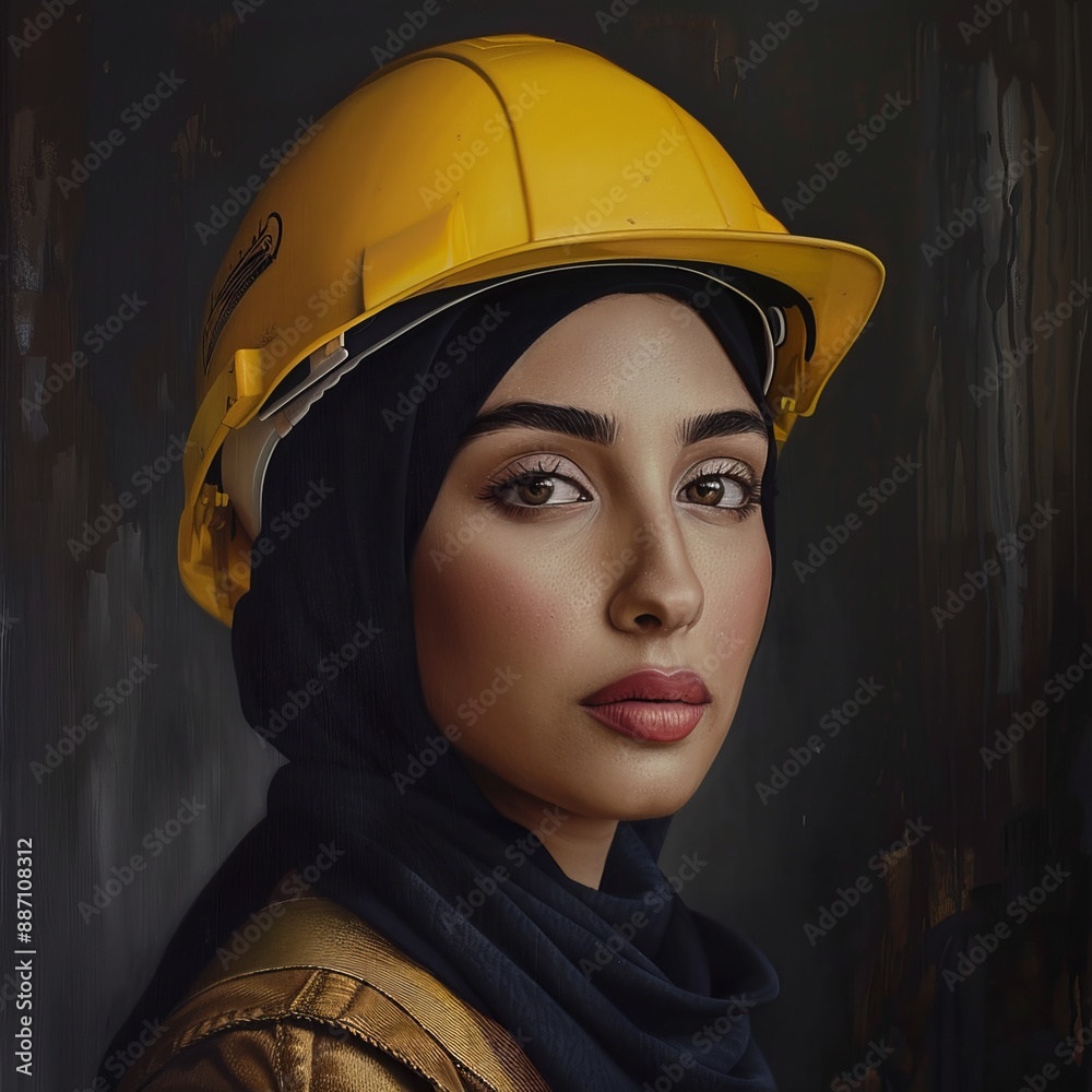 An engineer woman in a hijab and yellow hard hat poses against a dark ...