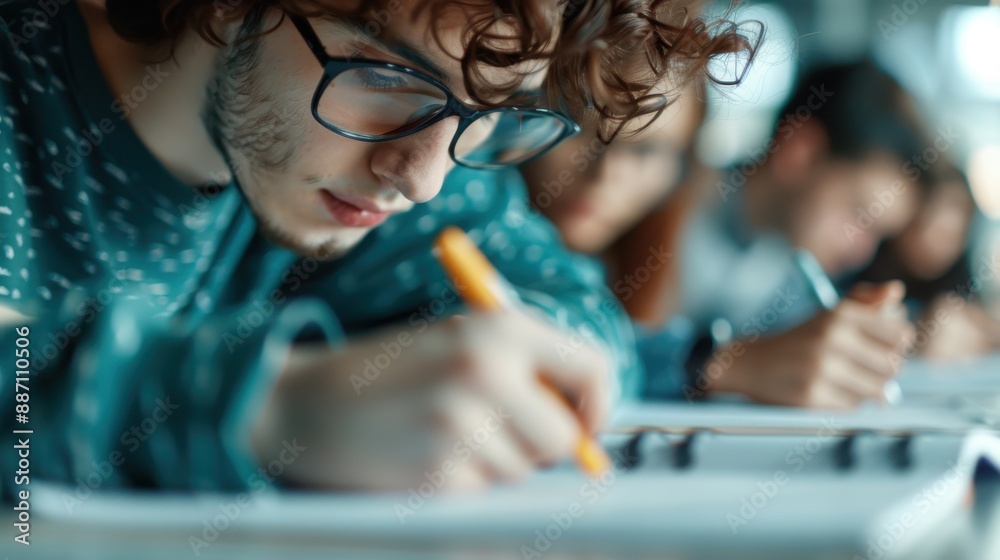 Focused students are shown writing at wooden desks in a classroom ...