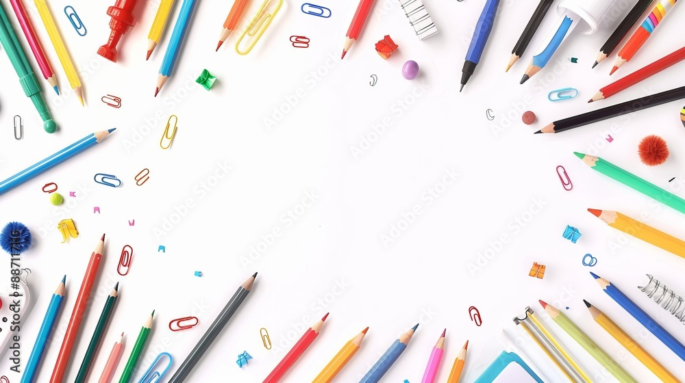A variety of colorful school supplies including pencils, markers, paper ...