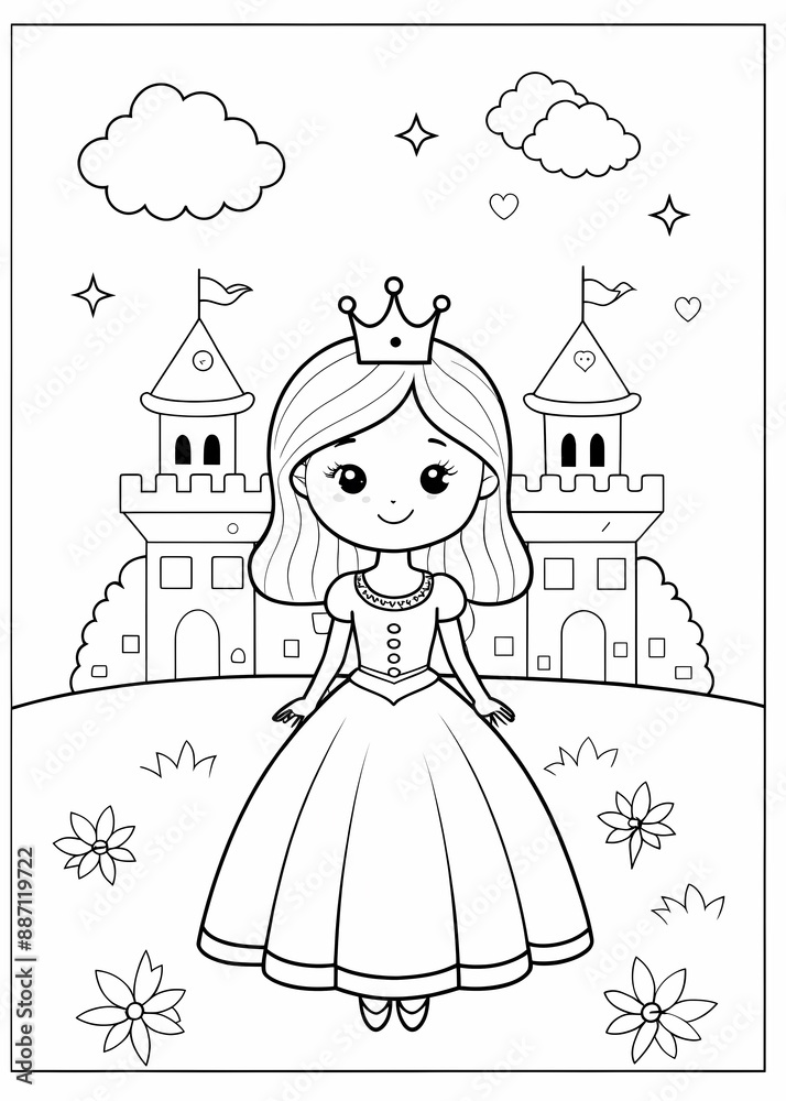Magical Princess Coloring Page with Stars and Clouds for Kids Stock ...