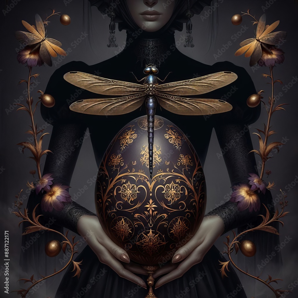 Metaphorical card, girl holding dragonfly, magic dragonfly, fairy tale ...