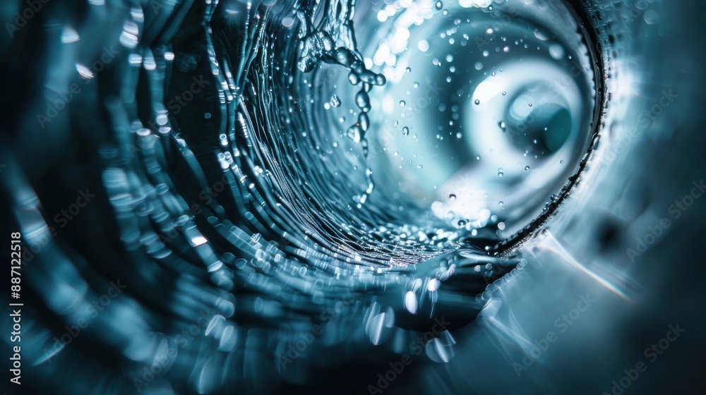 A mesmerizing view inside a water-filled pipe tunnel with droplets of ...