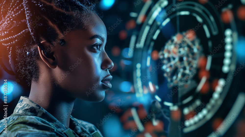 A black female military soldier in side profile, focused intently on a ...