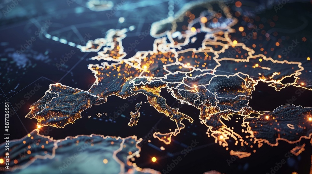 Nighttime digital map of Europe with city lights, illustrating network ...