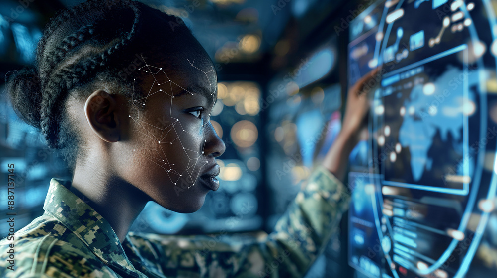 In a high-tech control room, an African American black female military ...