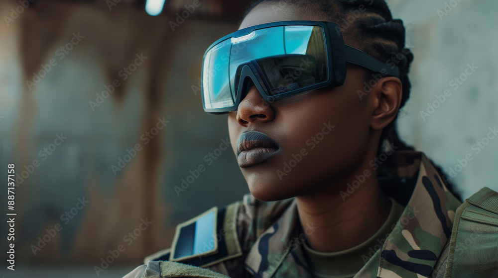 An African American black female military soldier uses a wearable AI ...